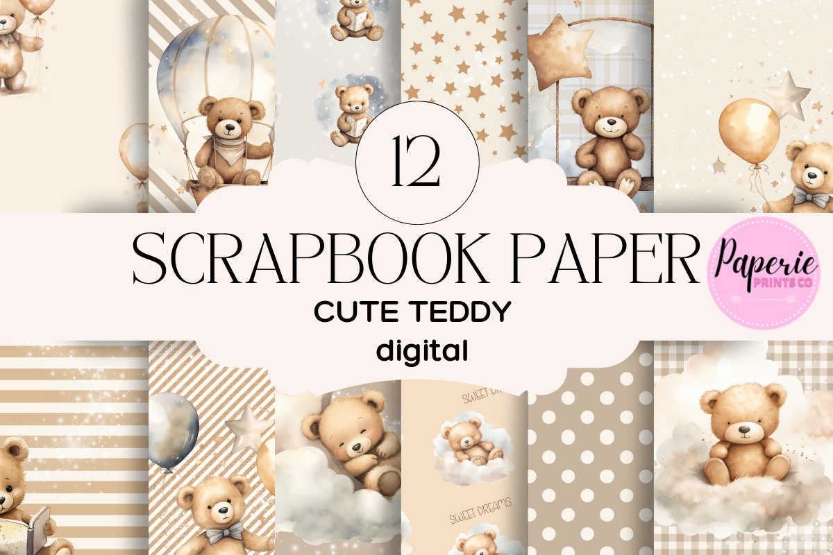 Teddy Bear Digital Scrapbook Paper 12x12 Inches, Boho Teddy Printable ...