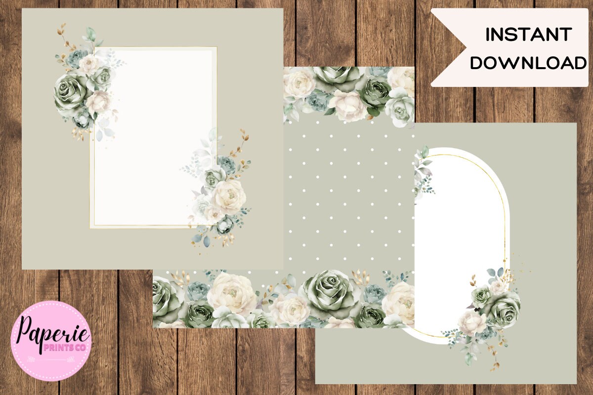 Sage Green Floral Scrapbook Kit Printable, Sage Wedding Scrapbook Paper ...