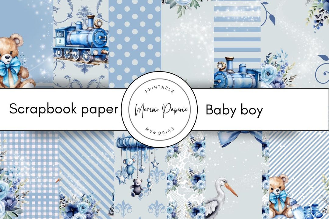 Baby Boy Scrapbook Paper Printable, Blue New Baby Boy Floral Scrapbook ...