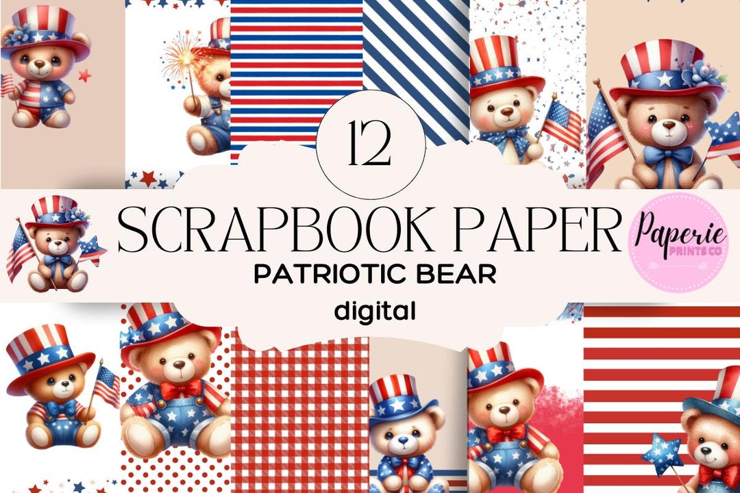 Patriotic Bear Scrapbook Paper, 4th of July Bear Scrapbook Patterns ...