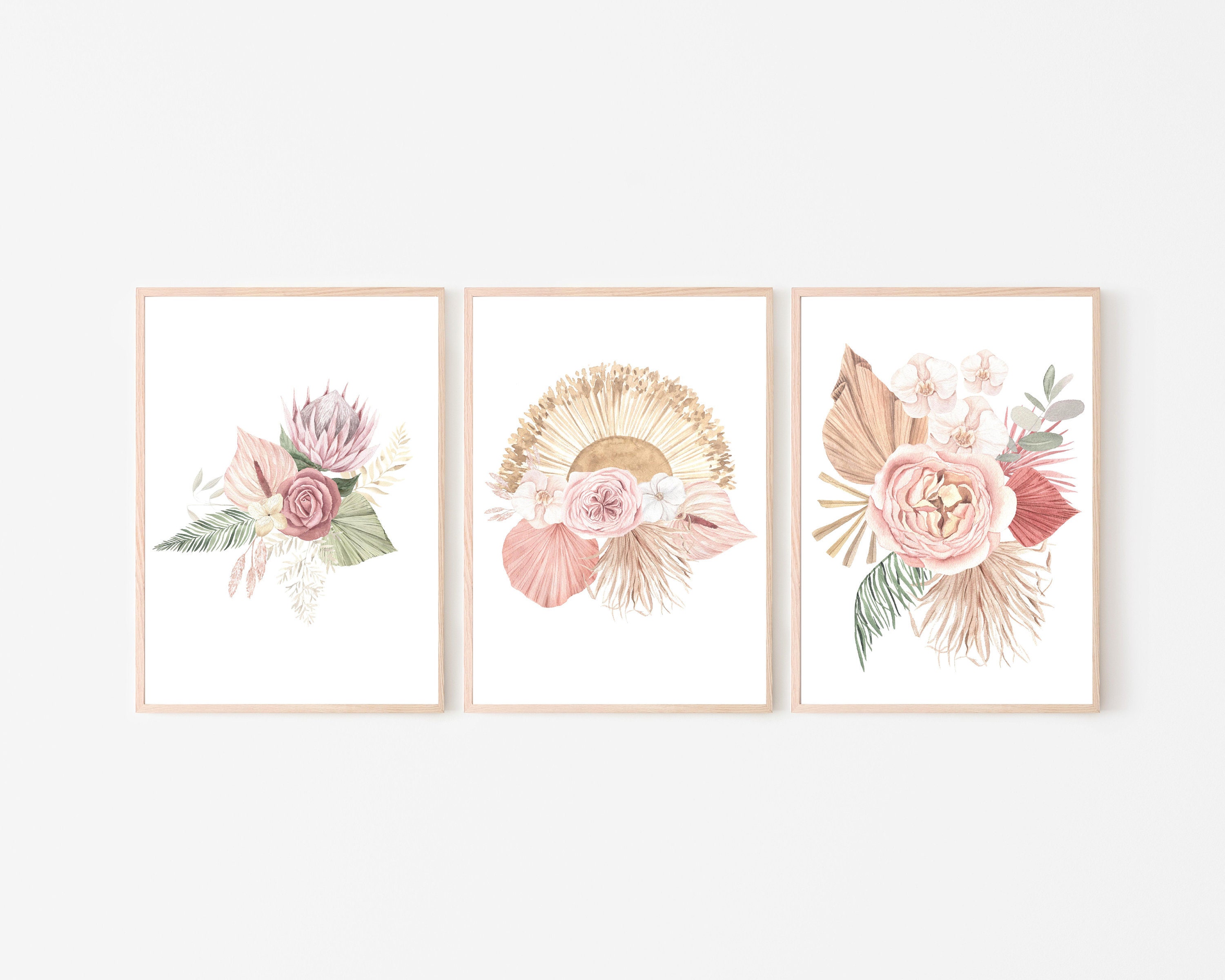 Boho Floral Wall Art Set of 3, Boho Floral Bedroom Prints, Boho Flower ...