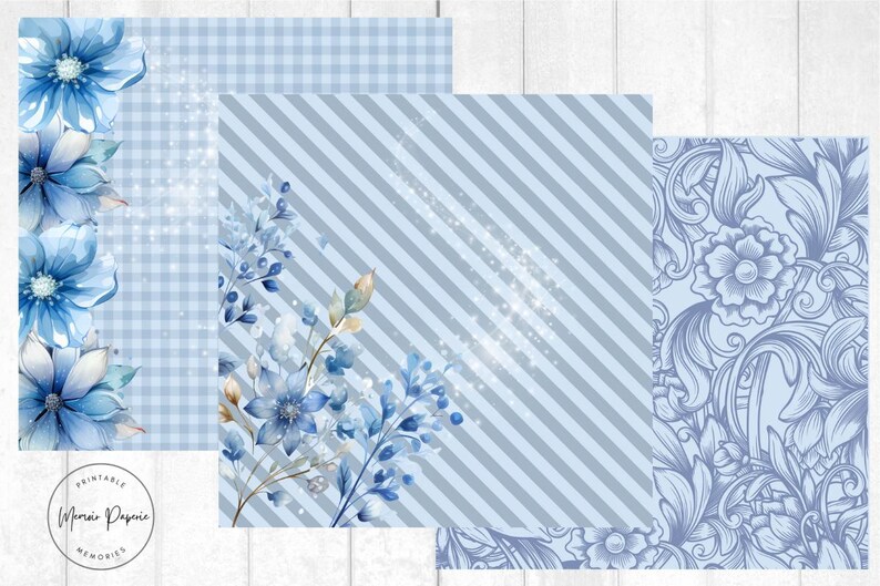 Pale Blue Floral Scrapbook Kit: Printable Junk Journal Embellishments ...