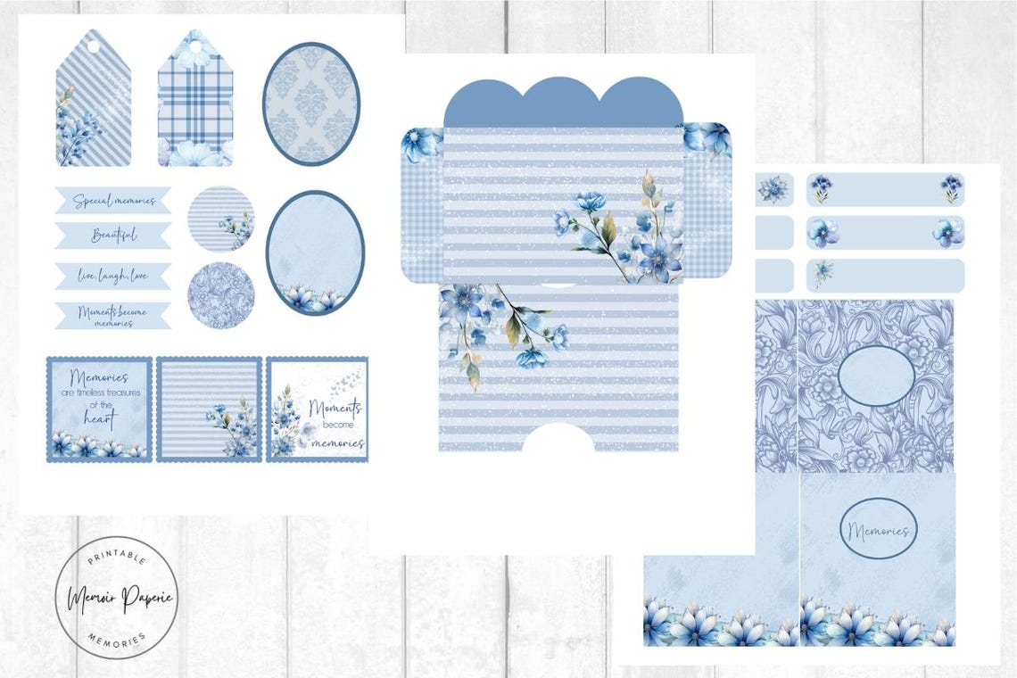 Pale Blue Floral Scrapbook Kit: Printable Junk Journal Embellishments ...