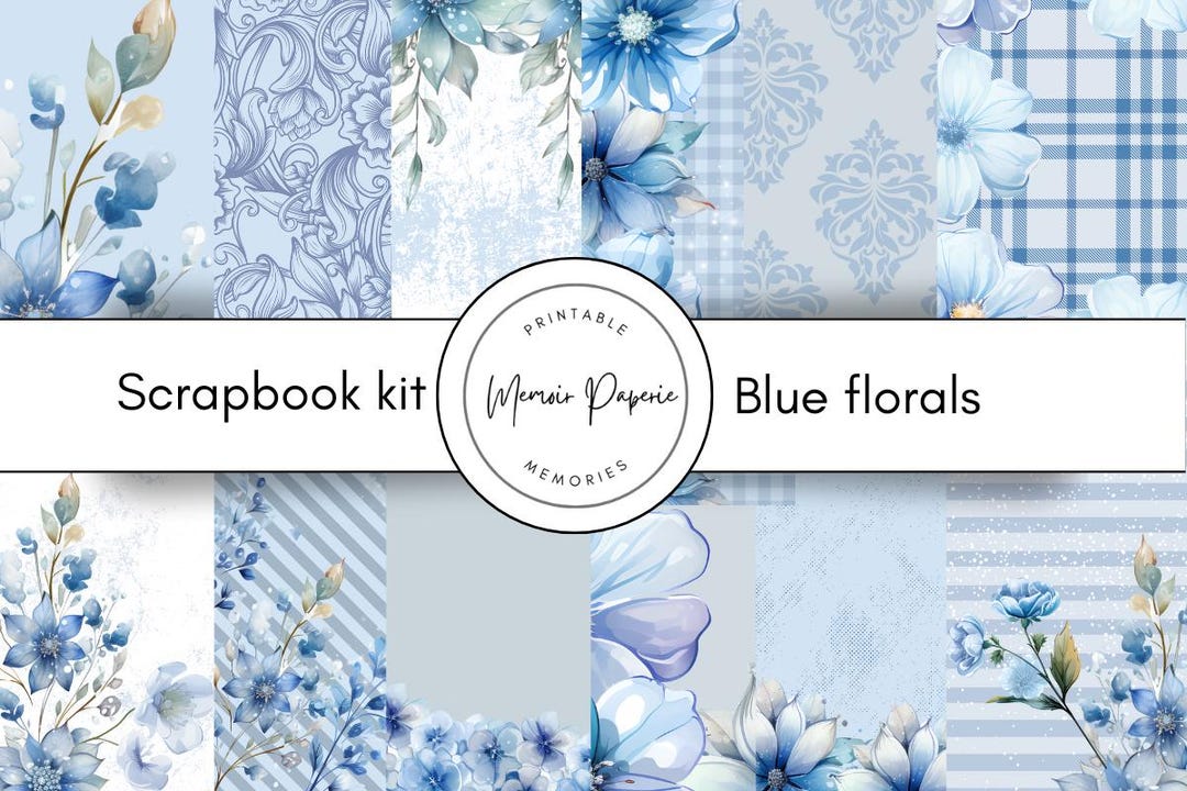 Pale Blue Floral Scrapbook Kit Digital, Blue Floral Junk Journal Kit ...