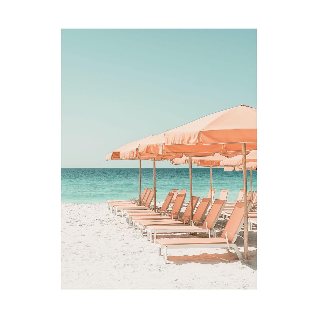 Vintage Beach Poster, Pink Beach Umbrella Print, Retro Beach Art ...