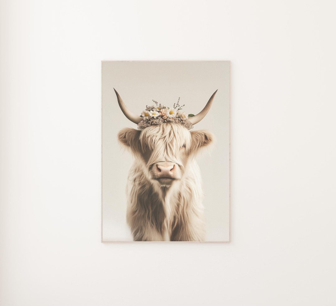 Pretty Highland Cow Poster, Floral Highland Cow Print, Girly Highland ...