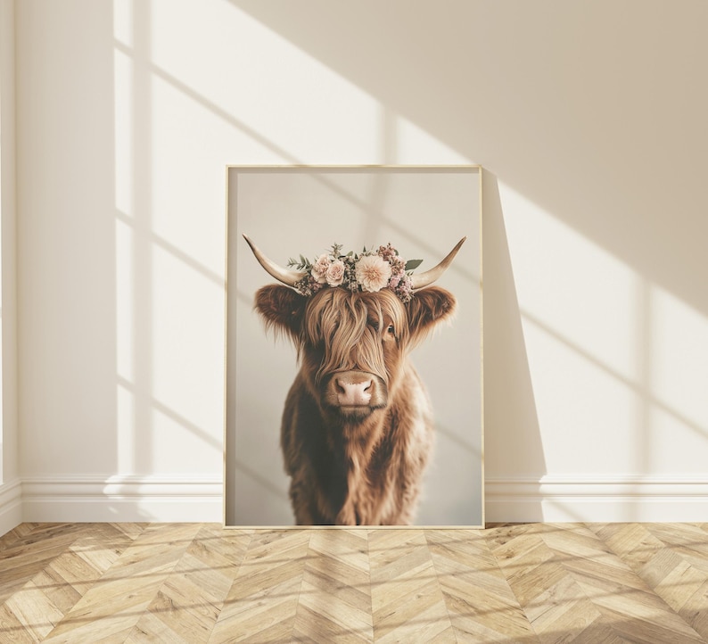 Pretty Highland Cow Poster, Floral Highland Cow Print, Girly Highland ...