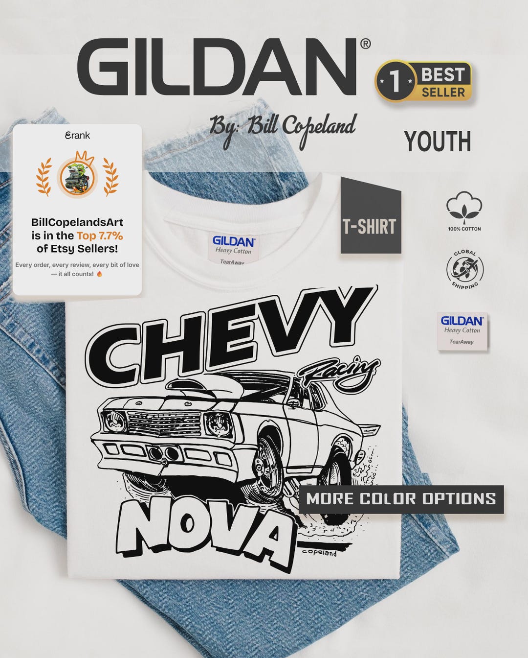 Chevy Nova Racing Car Hot Rod Muscle Car Youth T-shirt Printed on 100% ...