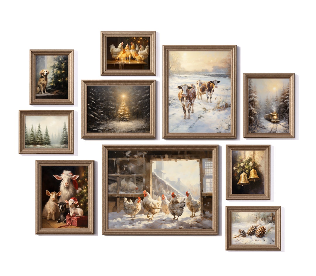 Farmhouse Gallery Wall Prints, Christmas Farm Animals, Set of 10 Rustic ...