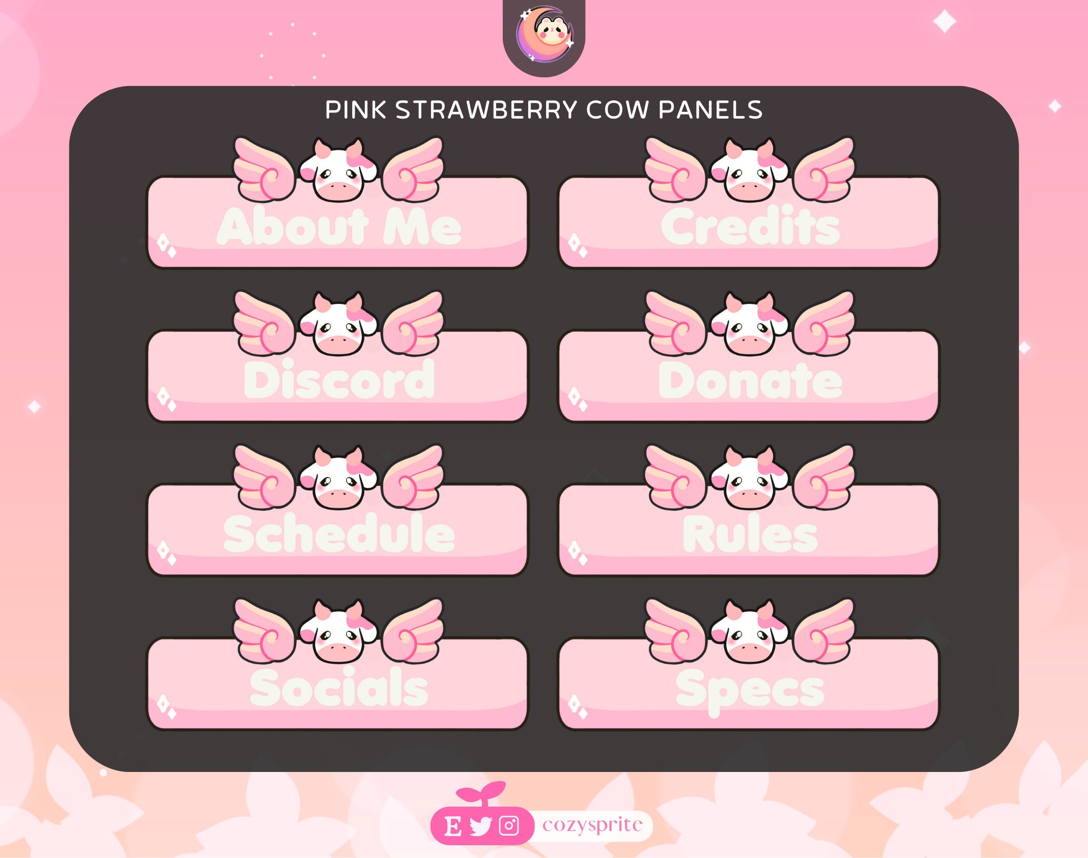 20 Pink Strawberry Cow Panels Cute Angel Cow Kawaii Streamer Pastel ...