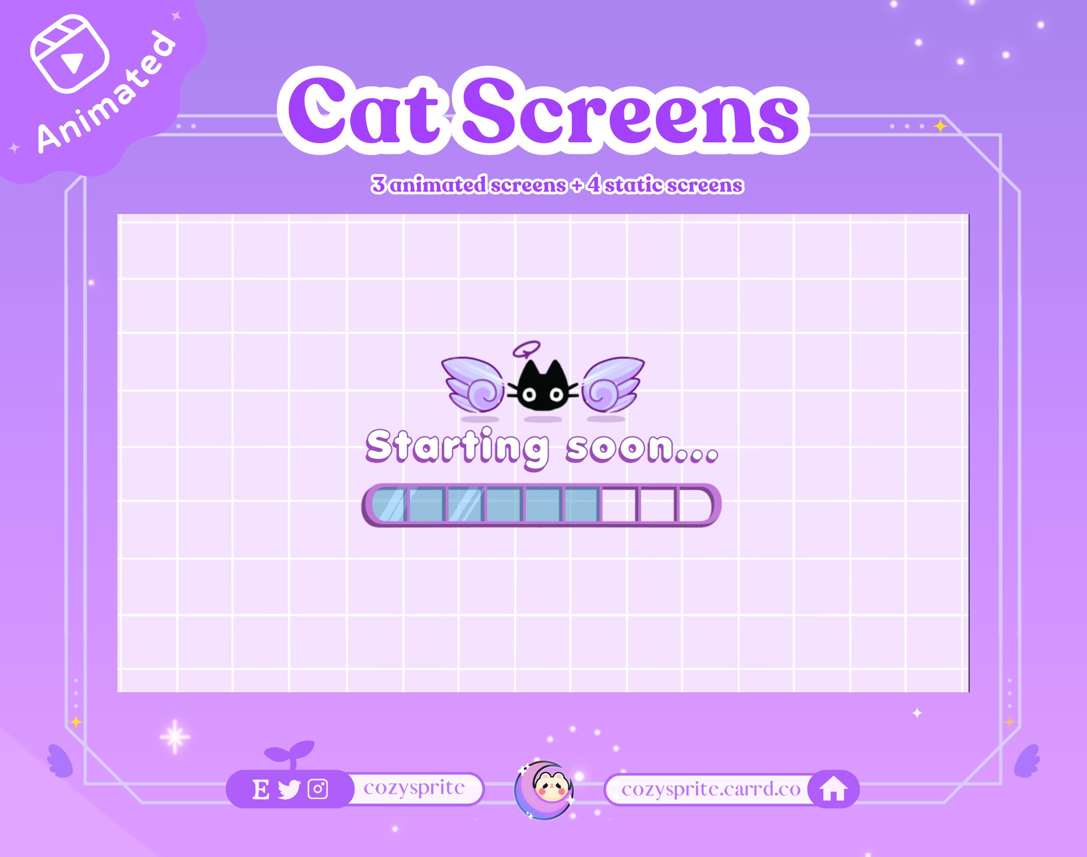 ANIMATED Purple Cat Stream Screens Starting Soon Be Right Back Stream ...