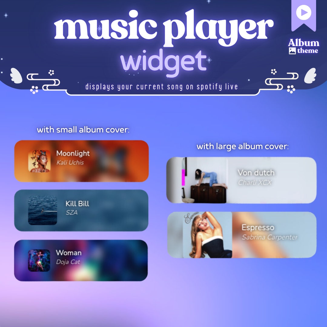 Music Widget Song Player for Streaming Album Icon Spotify, Youtube Customizable Colors ...