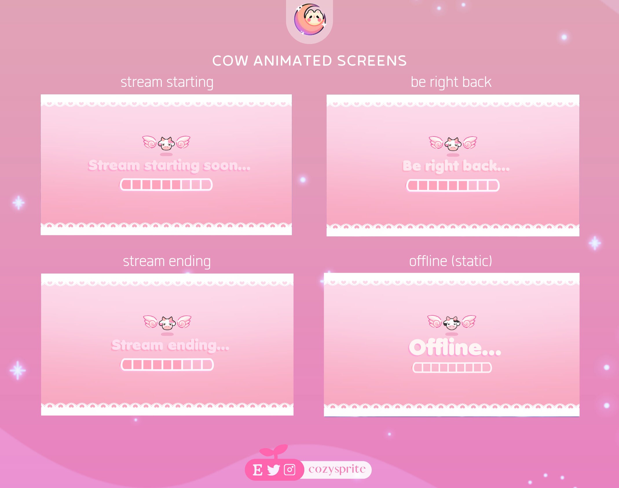 ANIMATED Pink Strawberry Cow Stream Screens Starting Soon Be Right Back ...