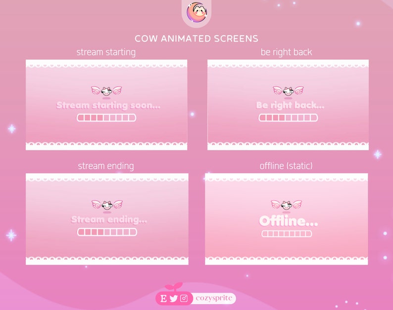 ANIMATED Strawberry Cow Stream Screens Starting Soon Be Right Back Stream Ending Offline Twitch ...
