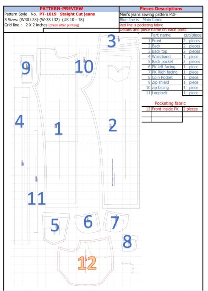 Straight Cut Jeans for Mens Sewing Pattern Pdf.size w30l28w38l32 ...