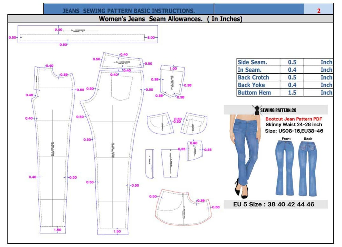 Bootcut Jeans for Women Sewing Pattern PDF Waist 29-34 Inch - Etsy