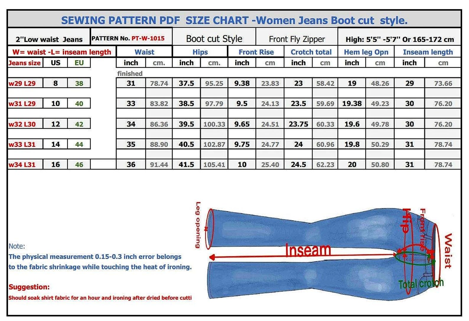 Bootcut Jeans for Women Sewing Pattern PDF | Waist 29-34 Inch (US Size ...
