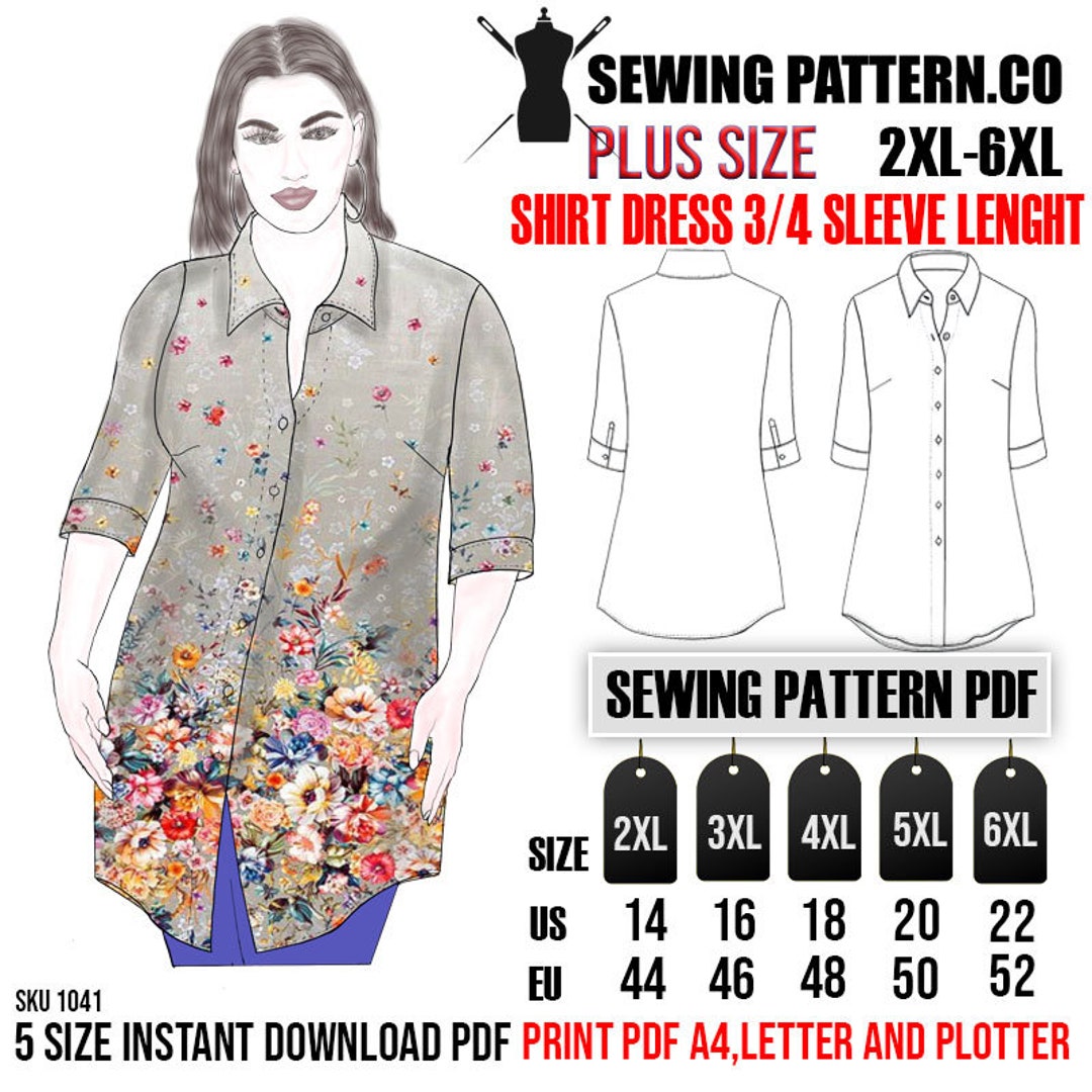 Plus Size Shirt Dress Regular Fit. Sewing Pattern Pdf.(size 2XL - 6XL ...