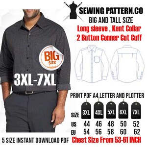 Big and Tall Long Sleeve Dress Shirt Sewing Pattern PDF (size US44-52 ...