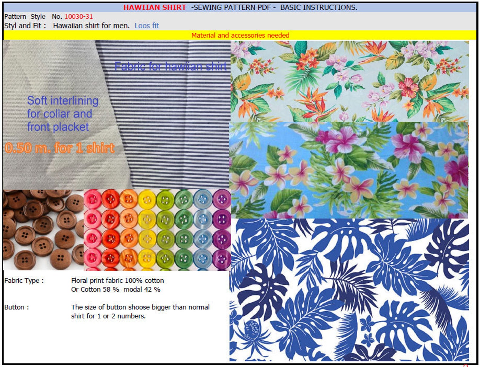 Big and Tall Men's Hawaii Shirt Sewing Pattern PDF. (3XL - 7XL) Chest ...