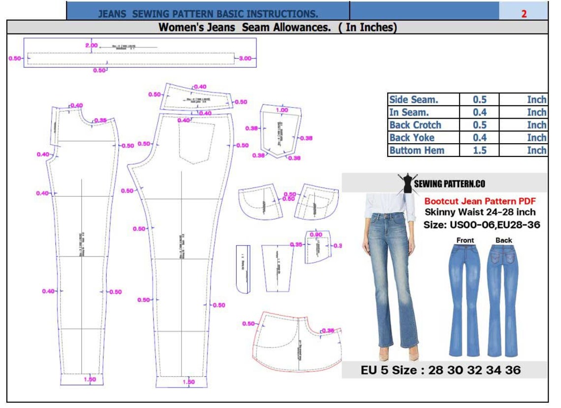 Bootcut Jeans for Women Sewing Pattern PDF Waist 24-28 Inch - Etsy