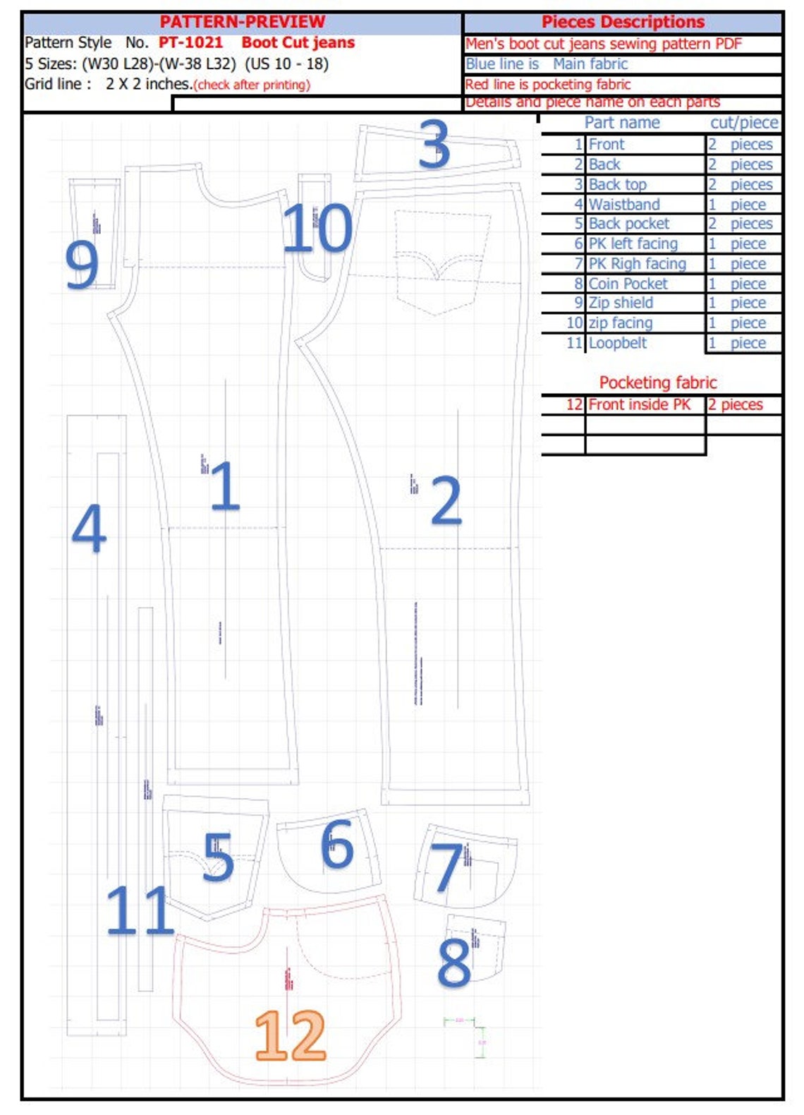 Boot Cut Denim Jeans for Men’s Sewing Pattern Pdf. Size (w30l28 ...