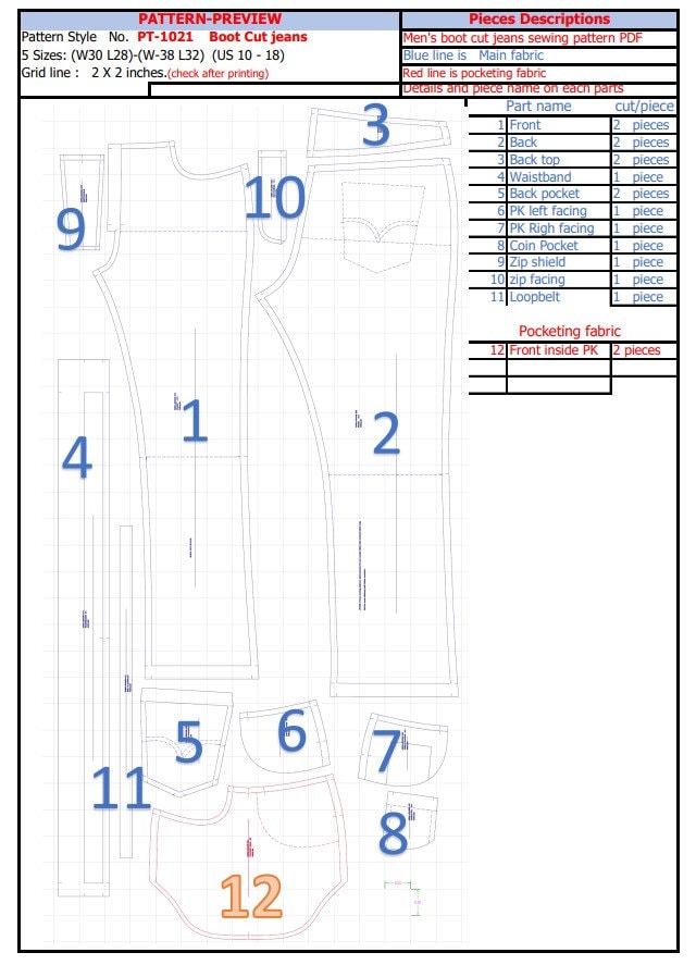 Boot Cut Denim Jeans for Men’s Sewing Pattern Pdf. Size (w30l28 ...