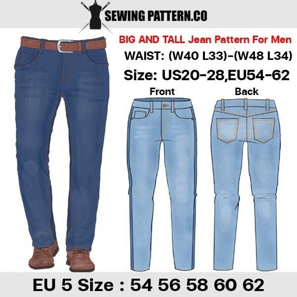 Big and Tall Jeans Men Sewing Pattern Pdf Size (W40 L33)–(W48 L 34 ...
