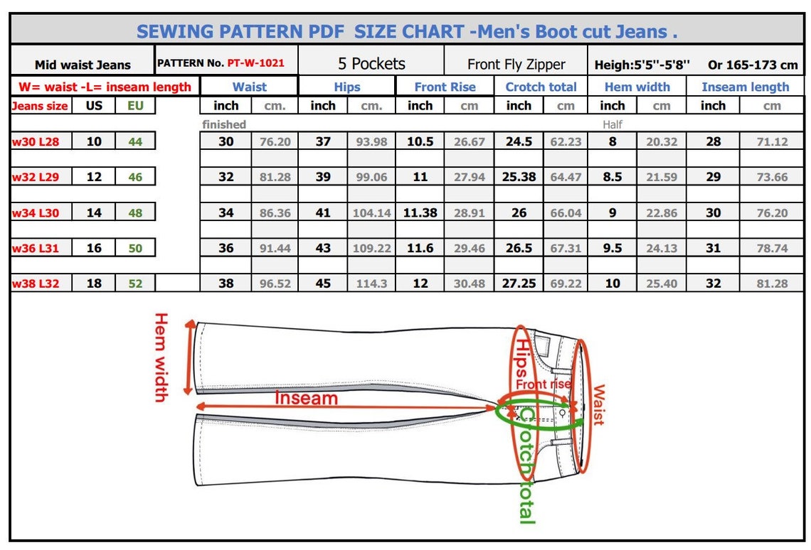 Boot Cut Denim Jeans for Men’s Sewing Pattern Pdf. Size (w30l28 ...