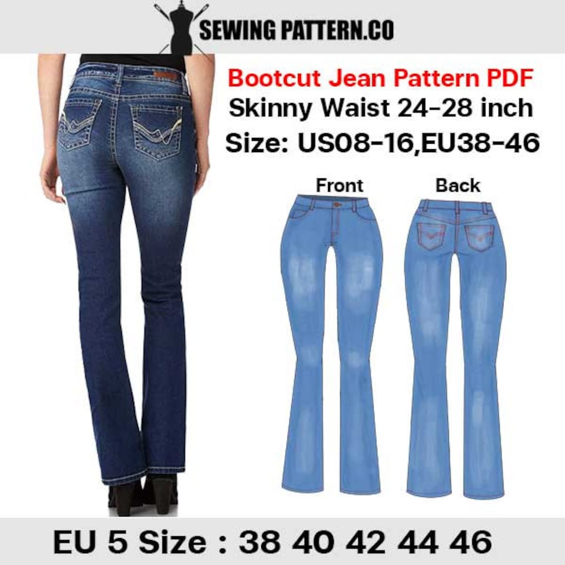 Bootcut Jeans for Women Sewing Pattern PDF Waist 29-34 Inch - Etsy