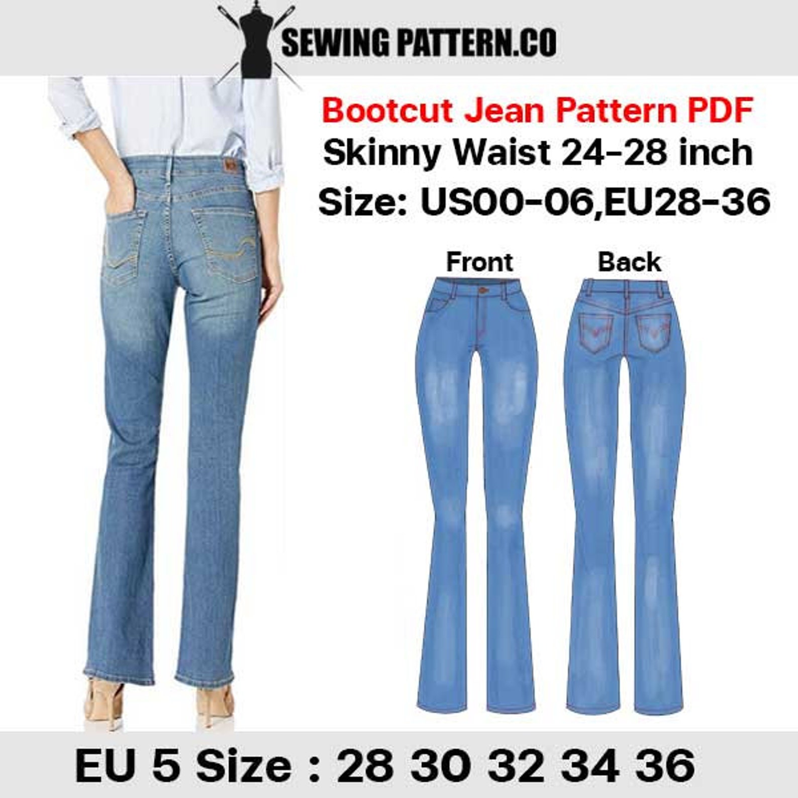 Bootcut Jeans for Women Sewing Pattern PDF | Waist 24-28 Inch (US Size ...