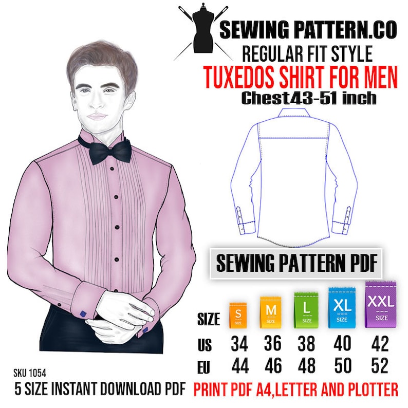 Tuxedo Shirt for Men. Sewing Pattern Pdf.(size S - 2XL) Chest From 43 ...