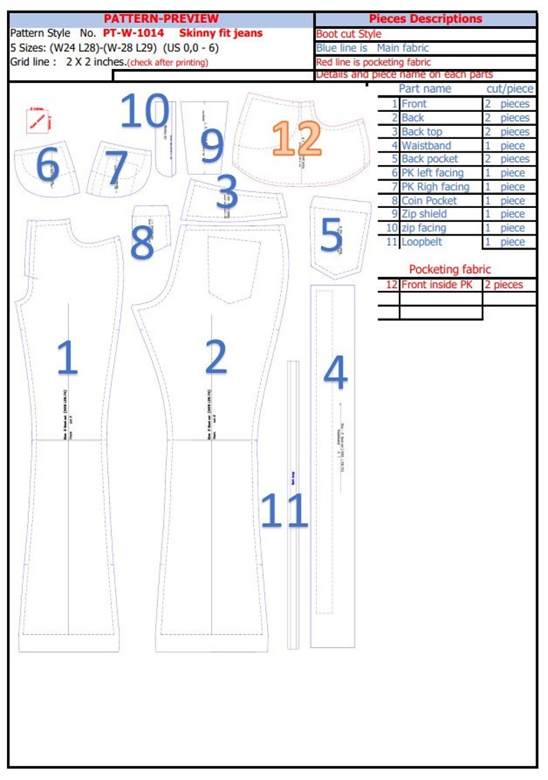 Bootcut Jeans for Women Sewing Pattern PDF | Waist 24-28 Inch (US Size ...