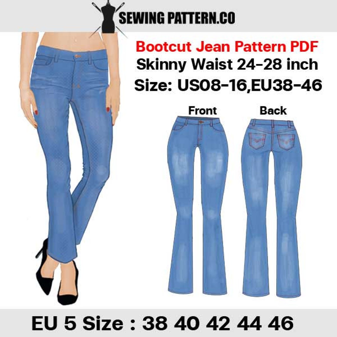 Bootcut Jeans for Women Sewing Pattern PDF Waist 29-34 Inch - Etsy