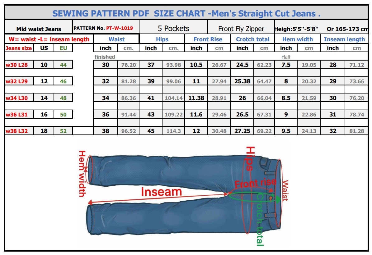 Straight Cut Jeans for Mens Sewing Pattern Pdf.size w30l28w38l32 ...