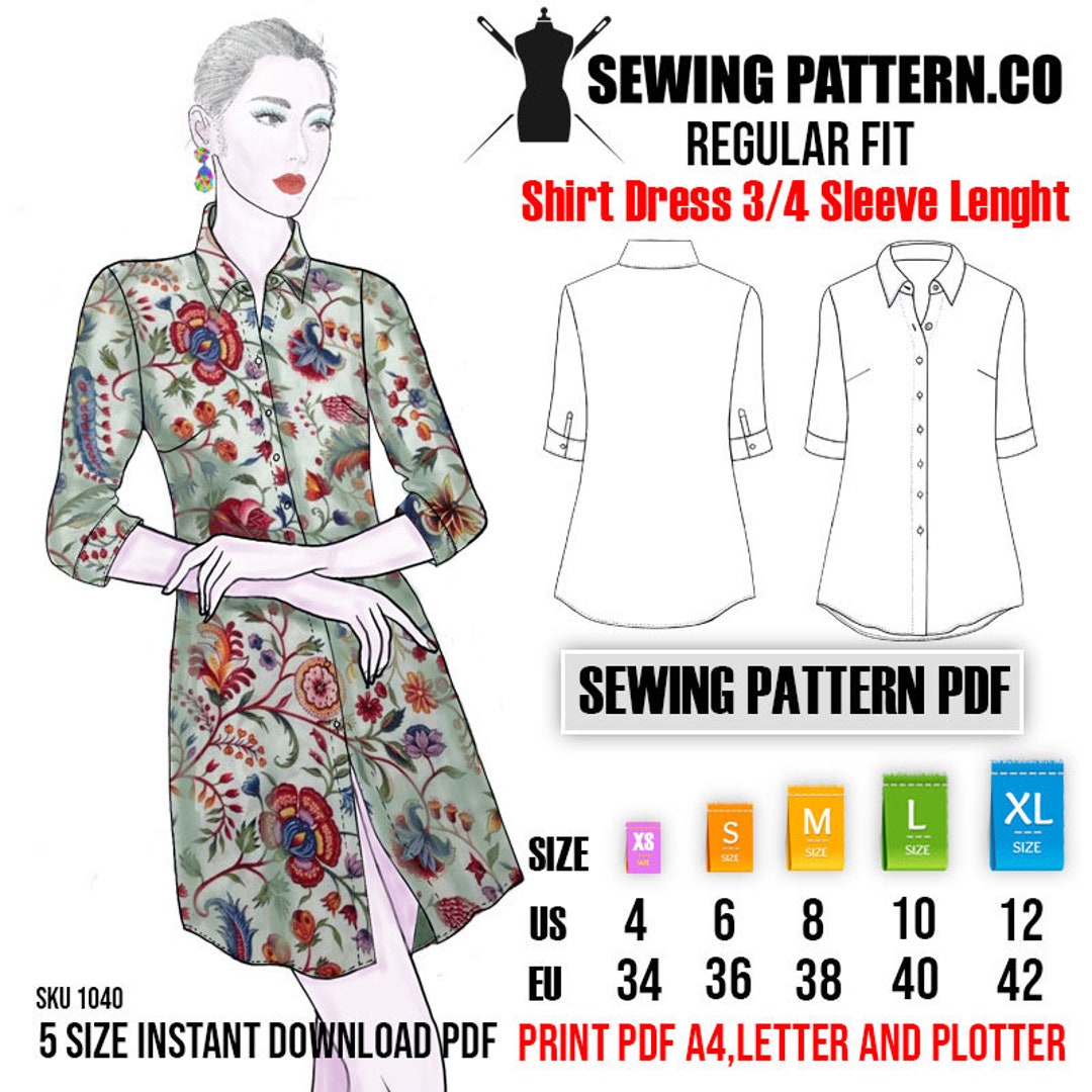 Women’s Shirt Dress Regular Fit Digital Sewing Pattern (PDF) Size XS ...
