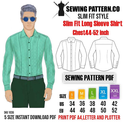 Slim Fit Long Sleeve Dress Shirt Sewing Pattern PDF for Men - Etsy