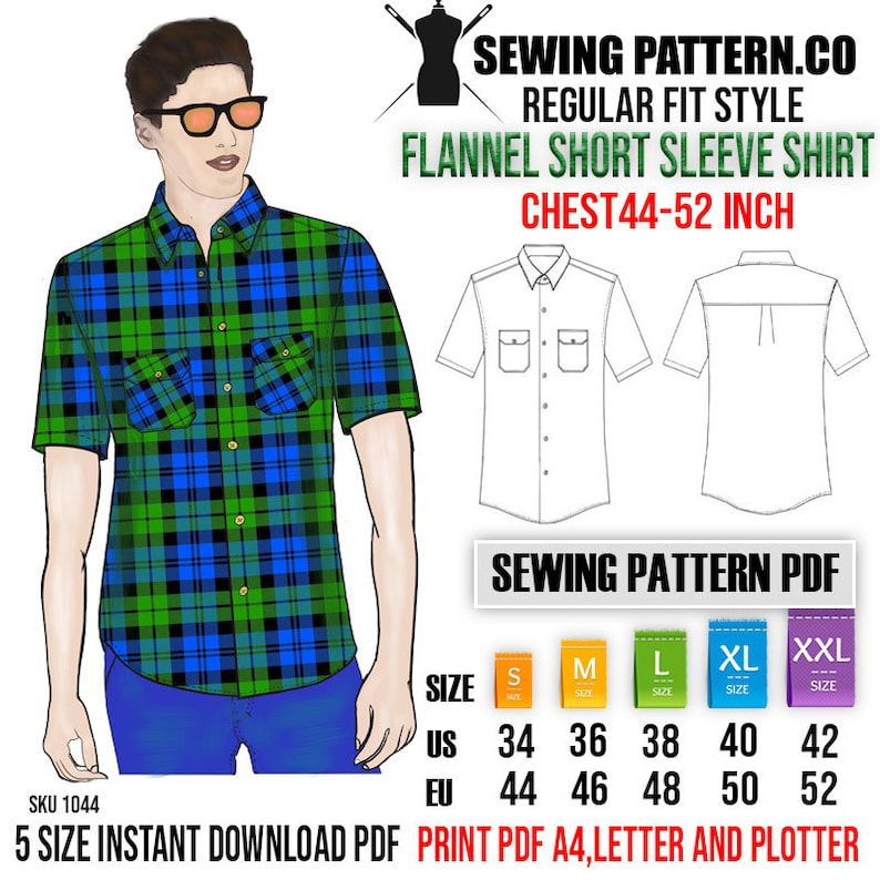 Men's Flannel Shirt Short Sleeve. Sewing Pattern PDF. - Etsy