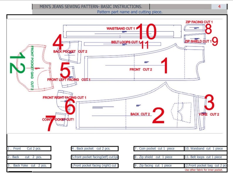Denim Jeans for Men’s Sewing Pattern Pdf.size (w30l28)-(w38l32) Regular ...