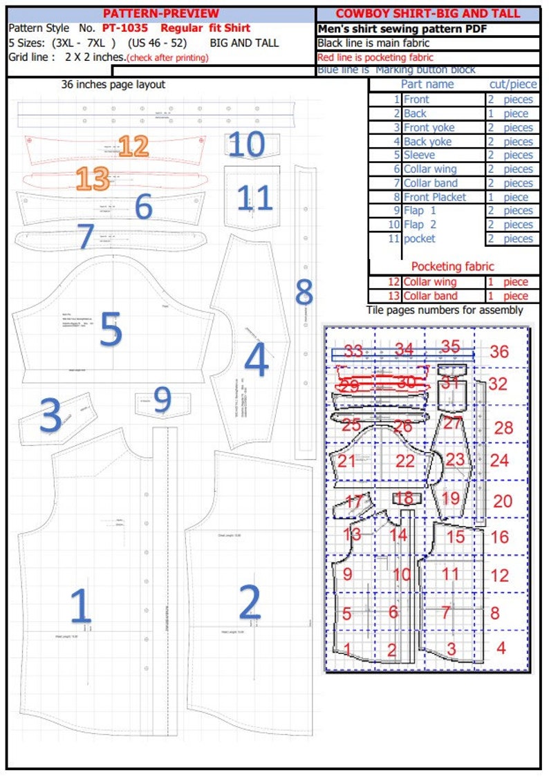 Big and Tall Cowboy Shirt Sewing Pattern PDF (size US44-52,EU54-62 ...