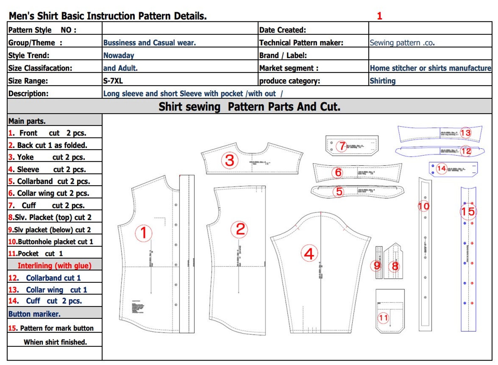 Mandarin Collar Long Sleeve Dress Shirt Sewing Pattern PDF FOR MEN ...