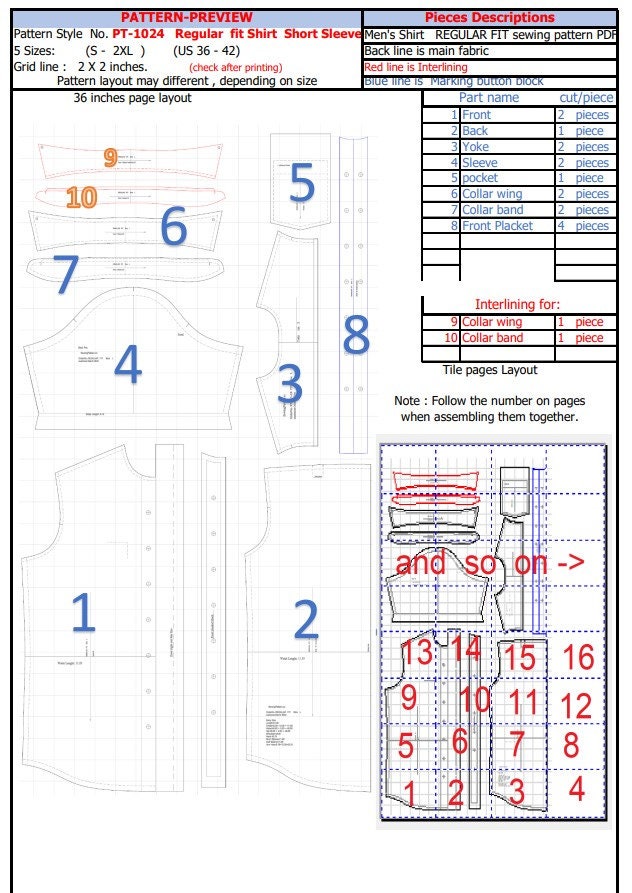 Short Sleeve Dress Shirt Sewing Pattern PDF (size US34-42,EU44-52 ...
