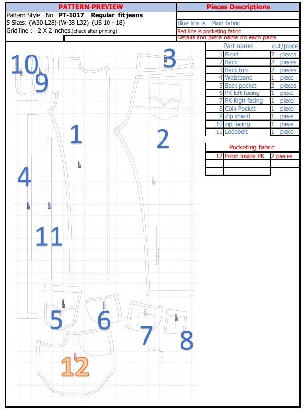 Denim Jeans for Men’s Sewing Pattern Pdf.size (w30l28)-(w38l32) Regular ...