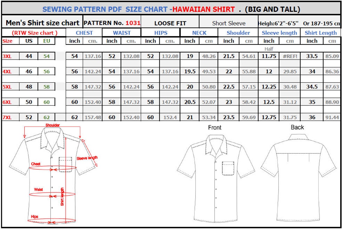 Big and Tall Men's Hawaii Shirt Sewing Pattern PDF. (3XL - 7XL) Chest ...