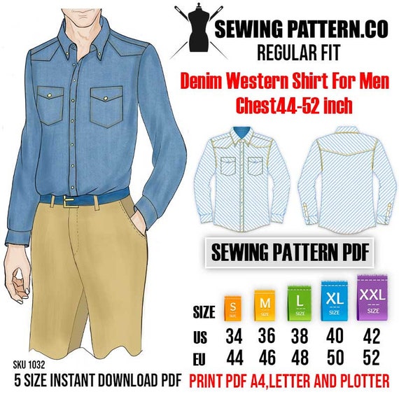 Denim Western Long Sleeve Dress Shirt Sewing Pattern PDF FOR - Etsy
