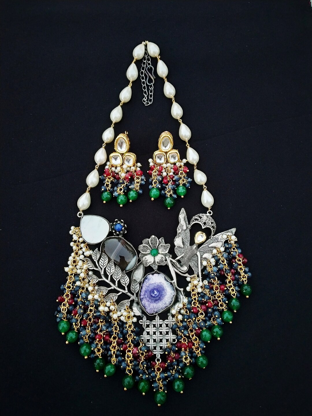 Multi Color Semi Precious Stones || Oxidised Kundan Long Set || Long ...