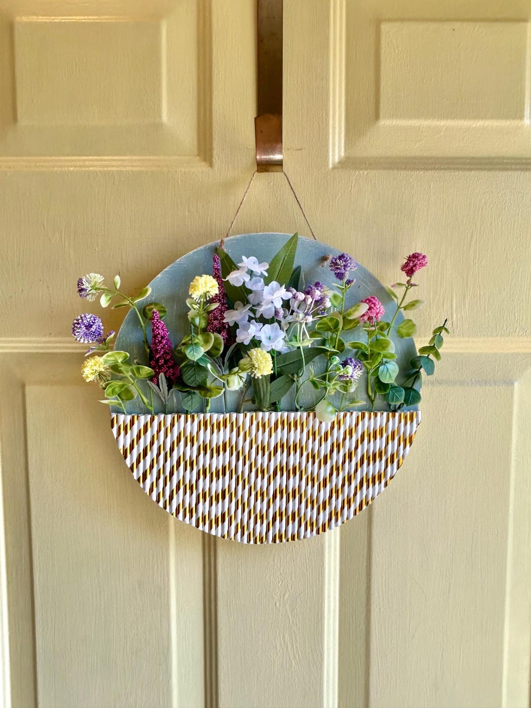 12” Round Green and Gold Rustic Door Hanger - Interchangeable Florals ...