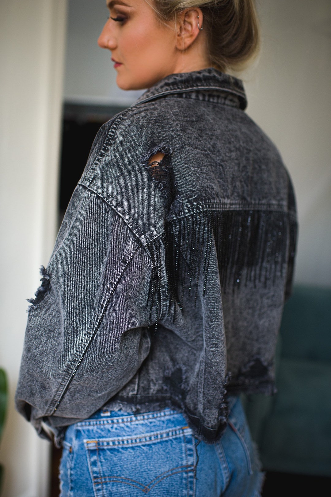CUSTOMIZABLE Rhinestone Fringe Denim Jacket - Etsy