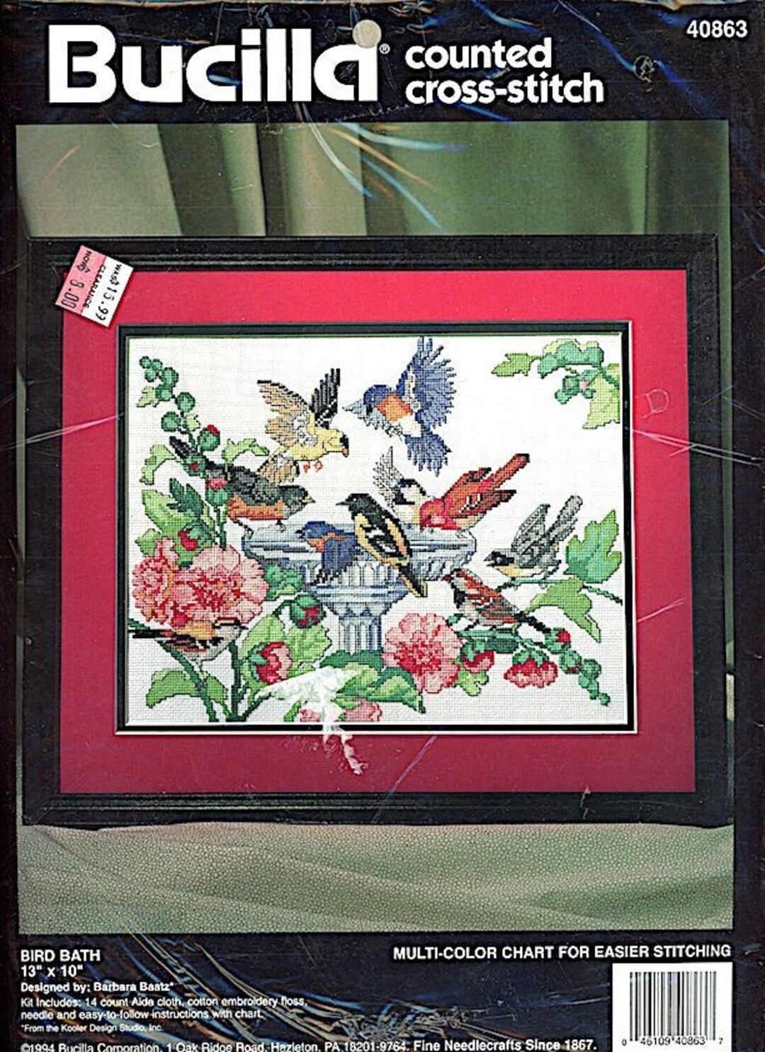 1994 Bucilla 40863 Bird Bath 13"x10" Counted Cross Stitch Barbara Baatz ...