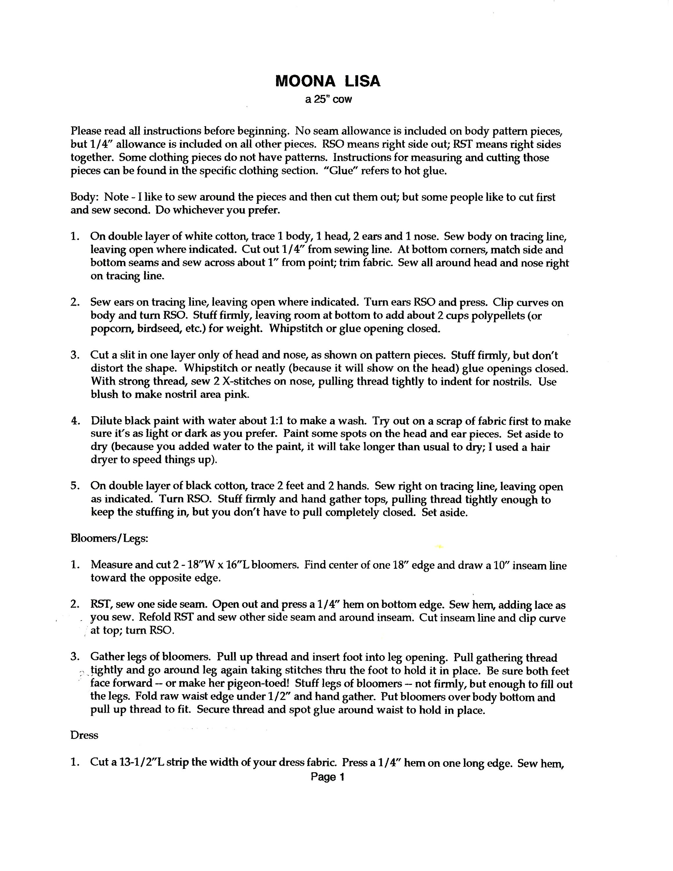 1997 Moona Lisa Cow Rag Doll Pattern Doll Clothes Instant Download ...